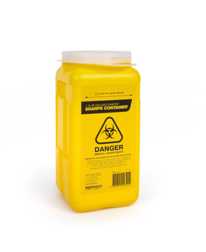 SHARPS CONTAINER, PLASTIC, 1.4L, YELLOW - FastAid